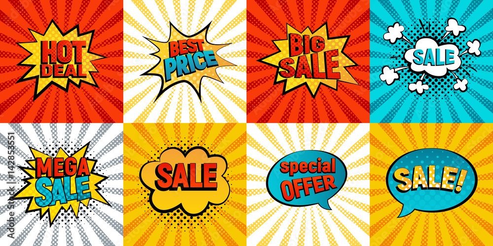 Retro sales icon vector card collection. Cartoon icon on colorfull rays ...