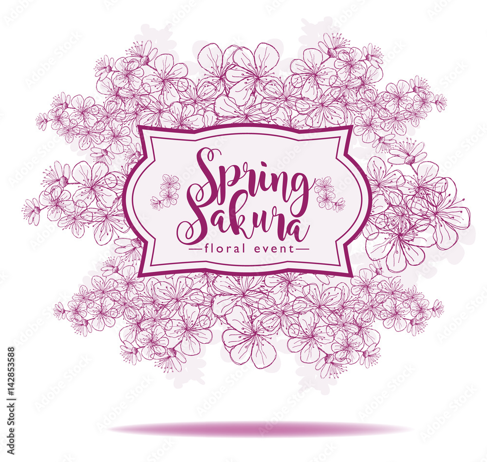 Hand drawn sakura cherry blossoms hello spring background design. EPS ...