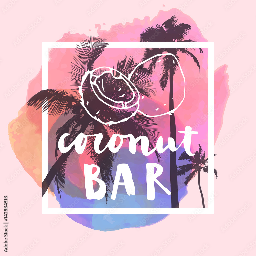 Coconut Bar. Modern calligraphic background with palm trees and ...