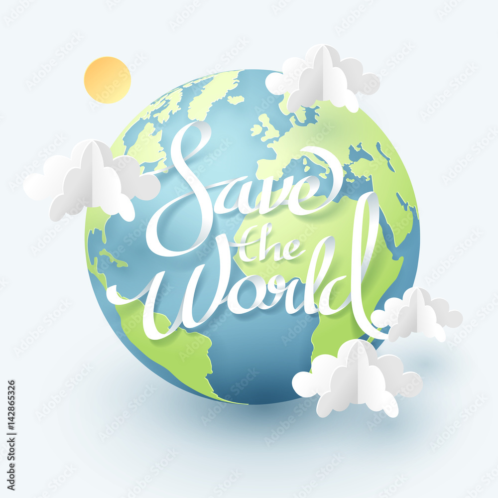 Paper art and origami of Earth with save the world calligraphy hand ...