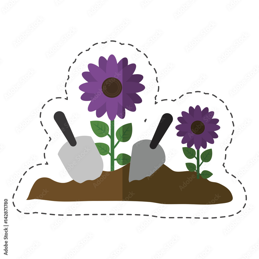 beautiful flowers growing in a soil over white background. colorful ...
