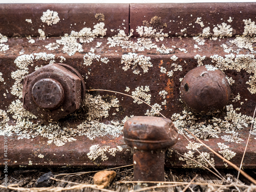 Old vintage rusty rail road spike bolt holding down railway tracks on ...