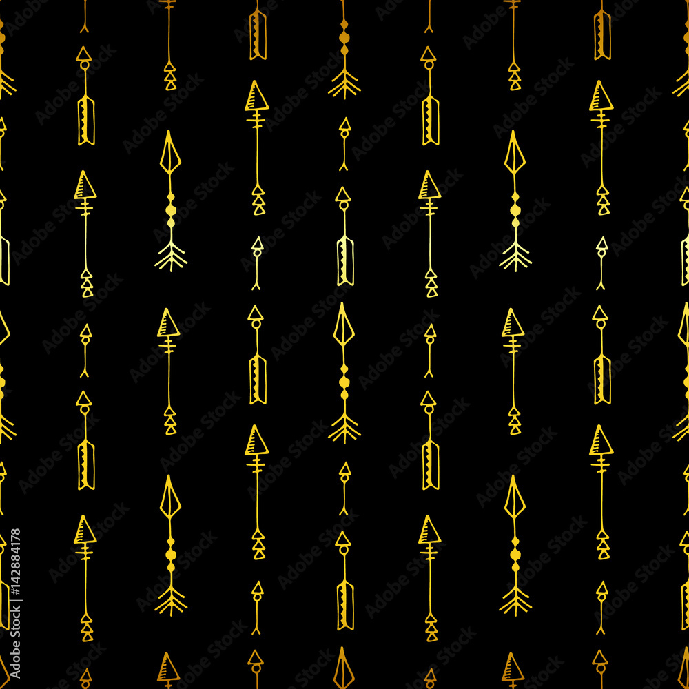 Tribal vintage gold arrows on black background. Seamless vector graphic ...