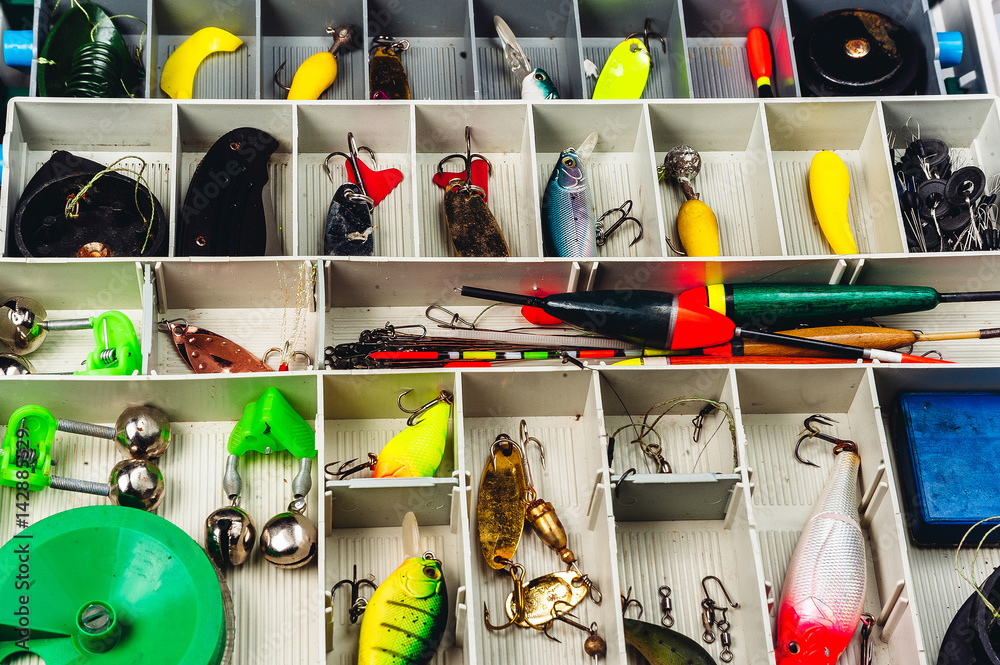 fishing gears equipment tackle box, baits fisherman reel wobblers jig ...