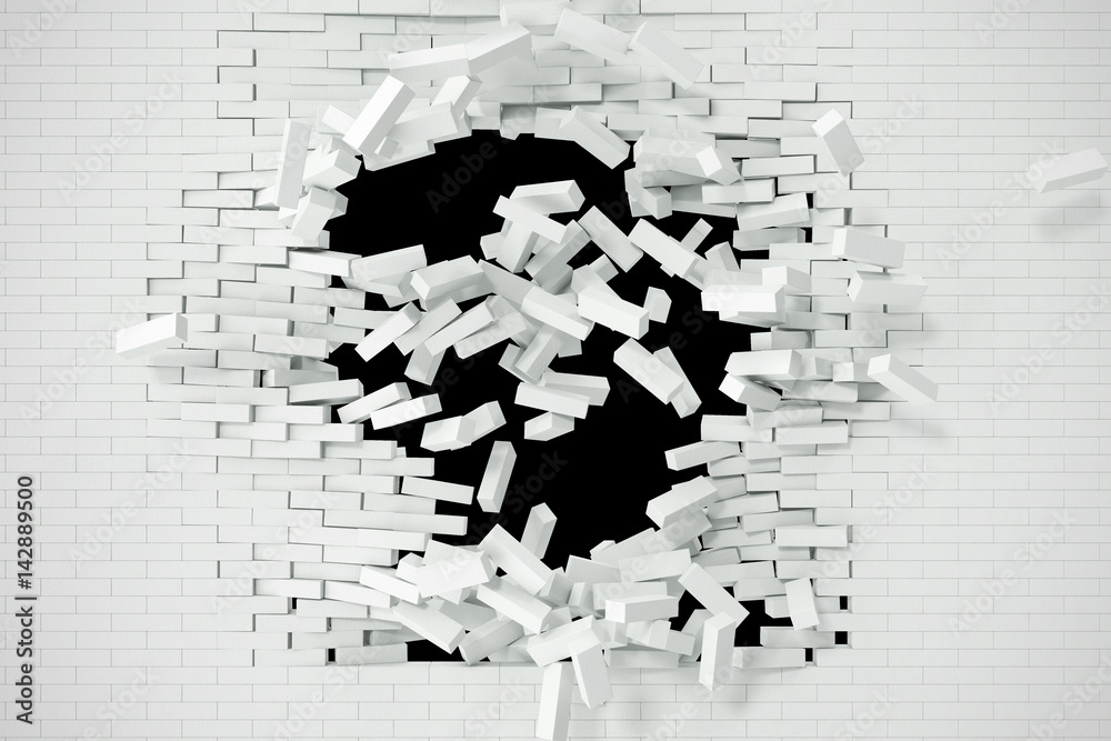 Explosion, destruction of a white brick wall, abstract background for ...