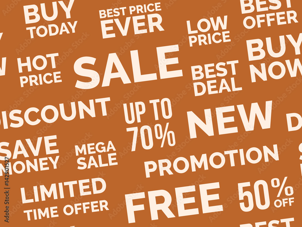 Sale seamless pattern background vector image. Different words about ...