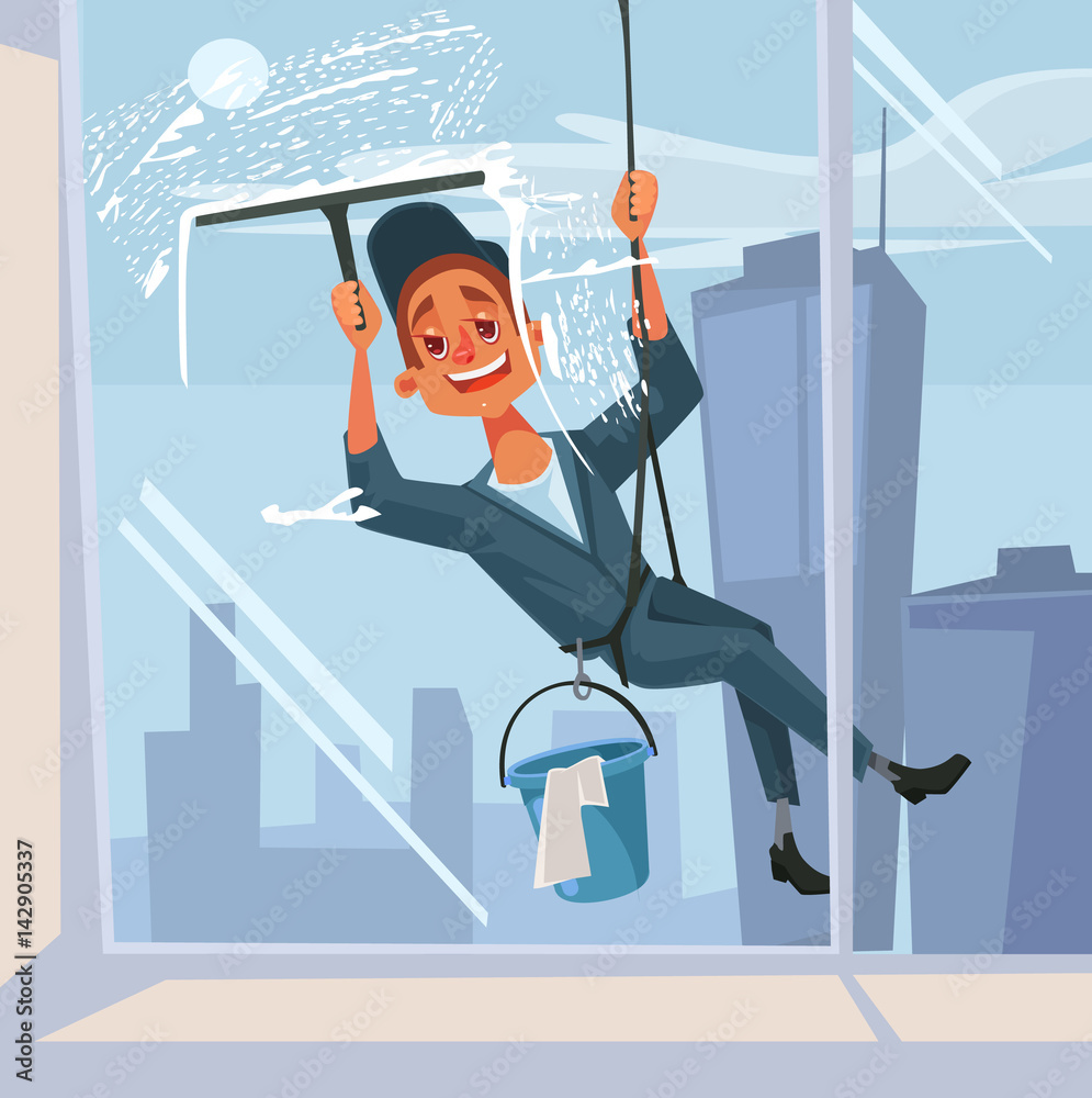 Happy smiling washer employee man character wash the window. Vector ...