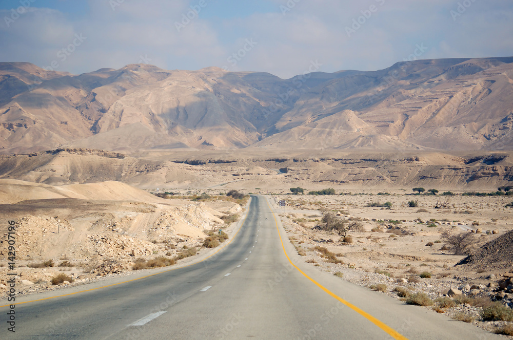 Road in the desert of Israel. Deserted trail with a desert landscape ...
