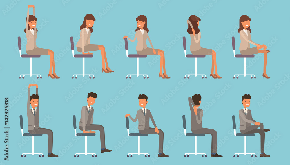 Vector illustration with office chair yoga. Businessman and woman doing ...