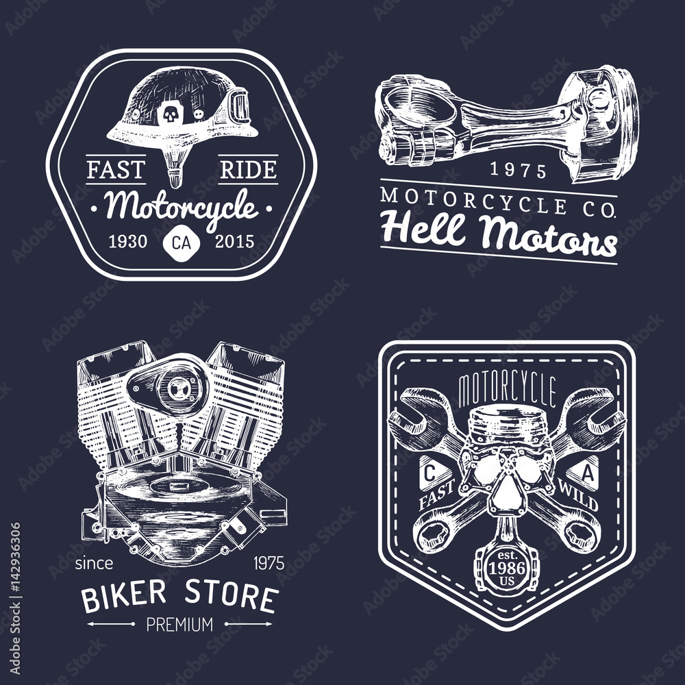 Vector vintage biker club signs. Motorcycle repair logos set. Hand ...