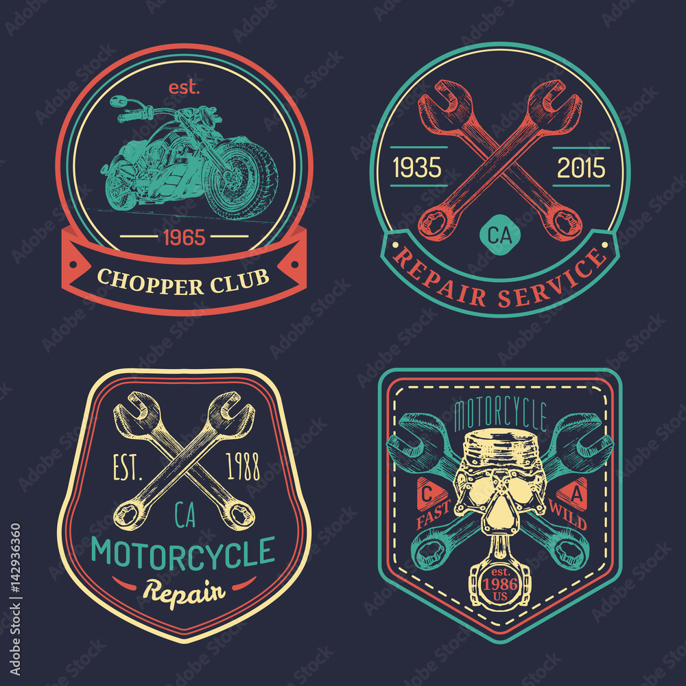Vector vintage biker club signs. Motorcycle repair logos set. Hand ...