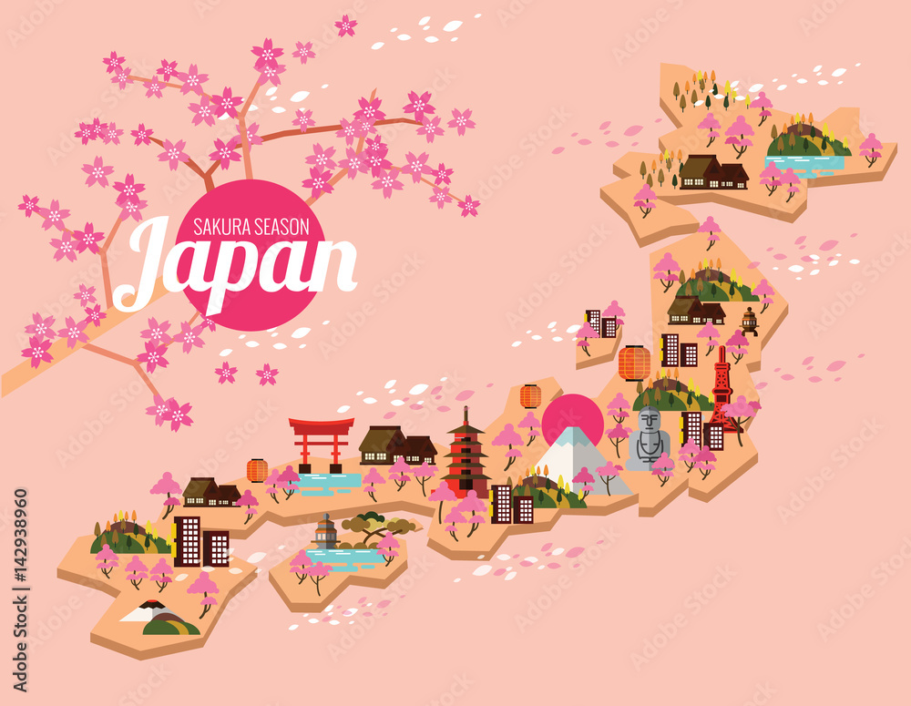 Japan travel map. Sakura Season in Japanese. flat design elements ...