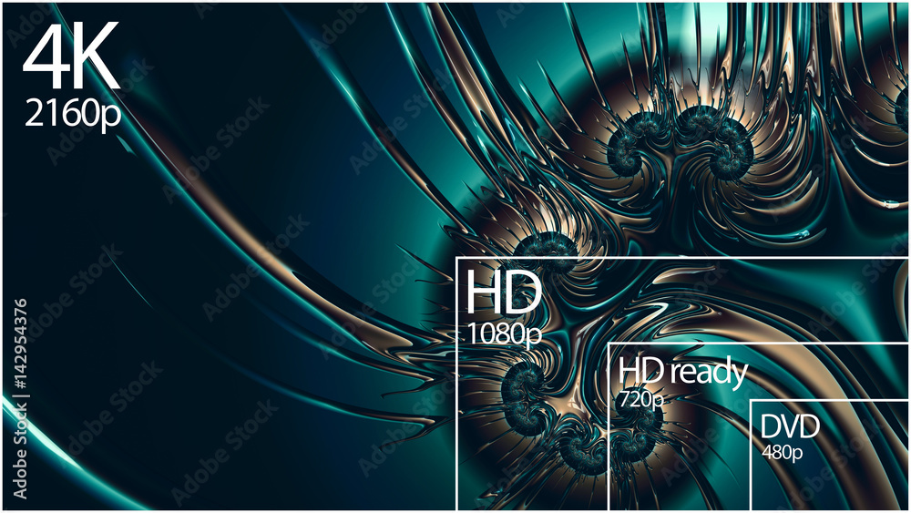 4K television resolution display with comparison of resolutions. 3D ...