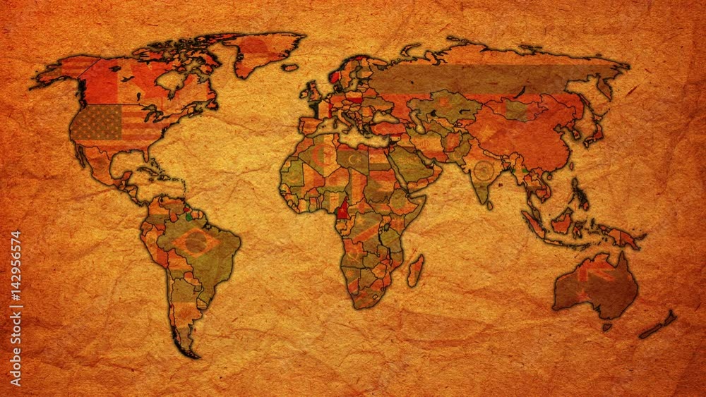 Animation of old vintage political map of world with country ...