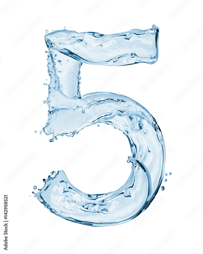 Number 5 made with a splashes of water isolated on white background ...