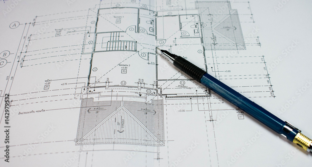 Architectural plan on the house plan with a pencil placed on Stock ...
