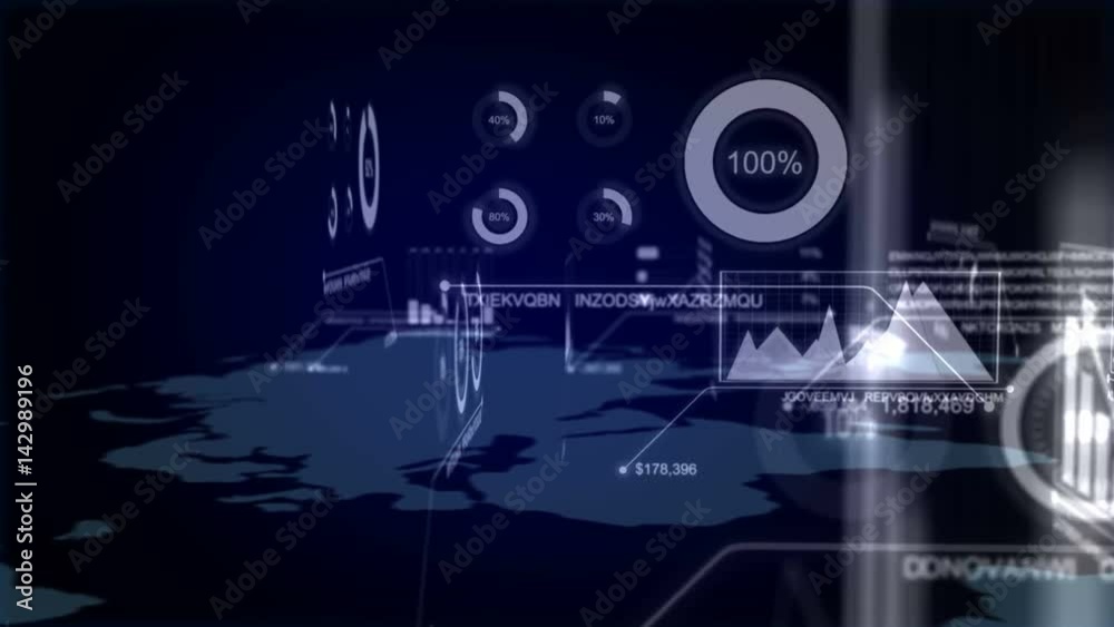 4K Animation of 3D moving world map with bar graph and random text ...