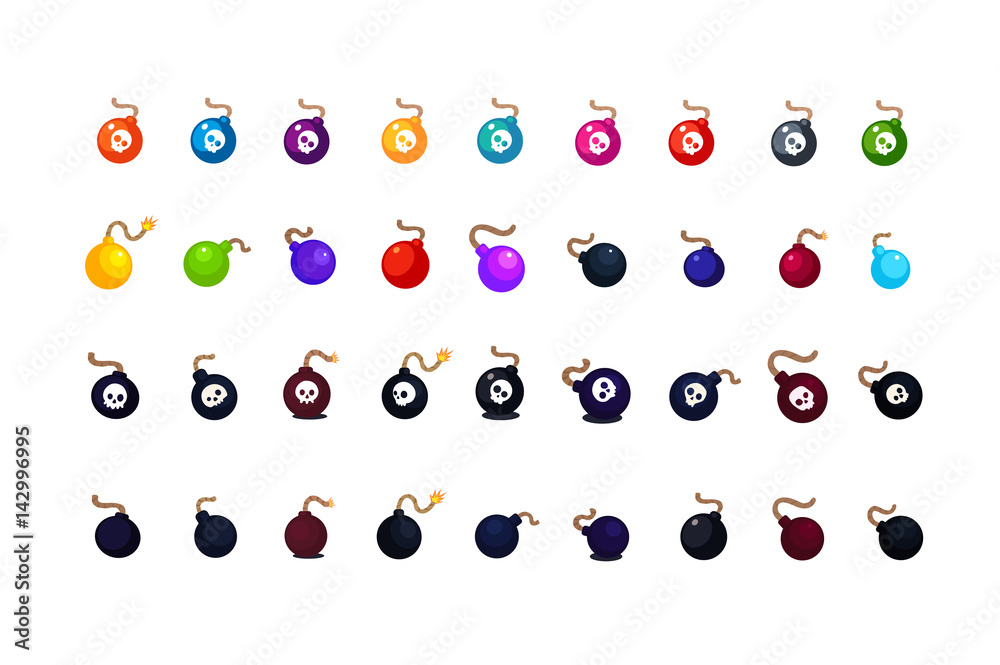 Set of colored bomb symbols. Vector illustration isolated on white. Set ...
