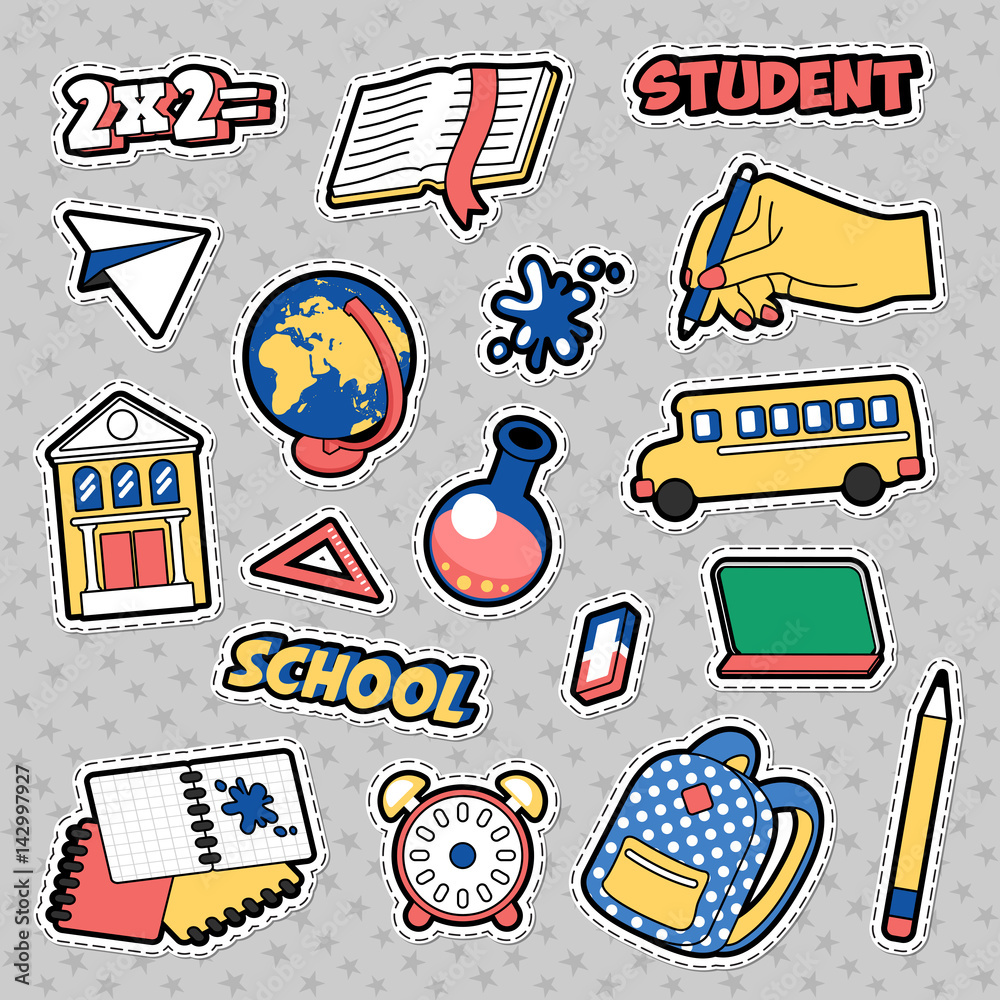 Fashion Badges, Patches, Stickers in Comic Style Education School Theme ...