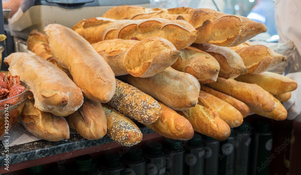 Baguette - long, thin loaf of French bread, for sale at Mahane Yehuda ...