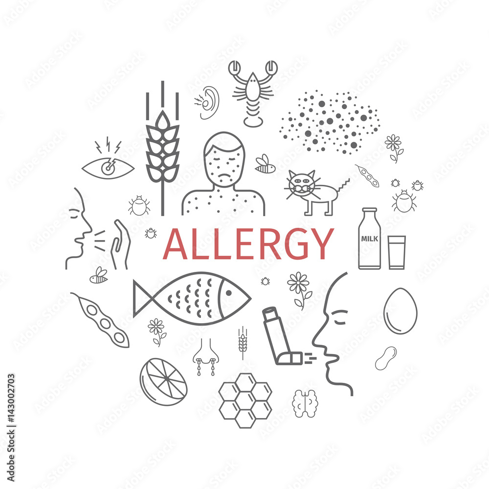 Allergy. Causes, symptoms. Line icons banner. Stock Vector | Adobe Stock