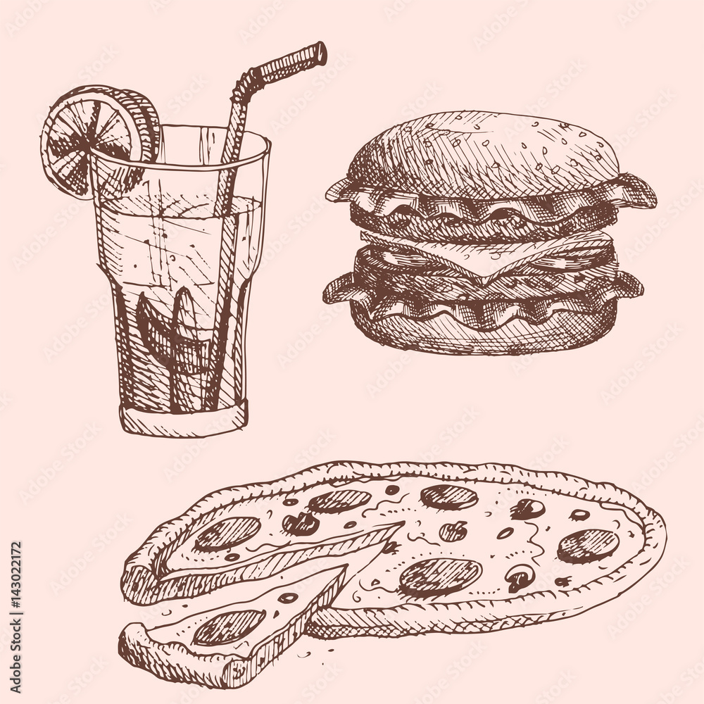 Hand drawn food sketch for menu restaurant product and doodle meal ...