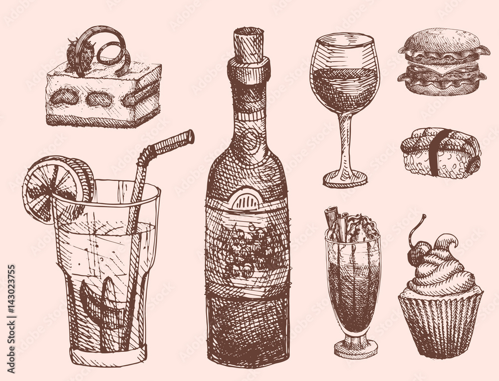 Hand drawn food sketch for menu restaurant product and doodle meal ...