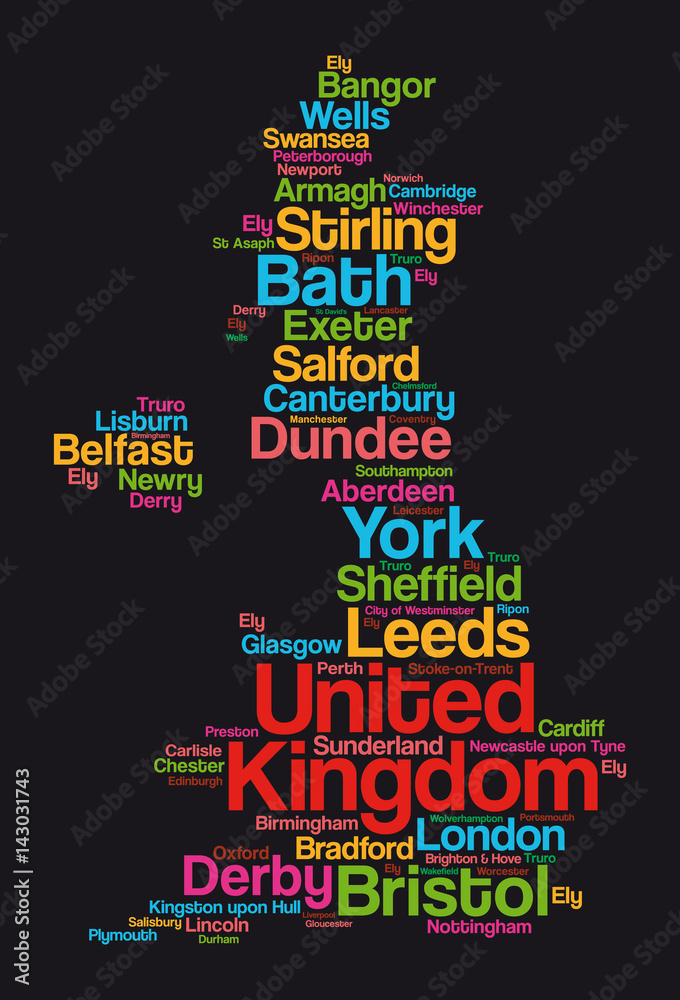 List of cities and towns in UNITED KINGDOM, map word cloud collage ...