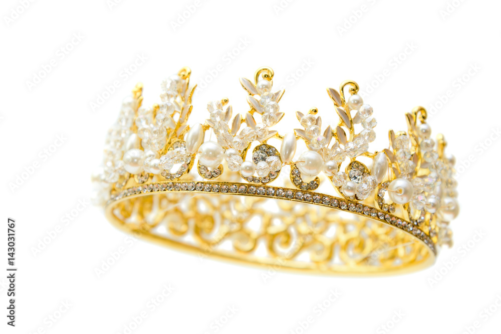 Gold crown of queen with pearl and white jewel of precious stones ...