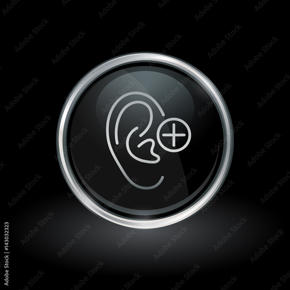 Hearing aid symbol with ear icon inside round chrome silver and black ...