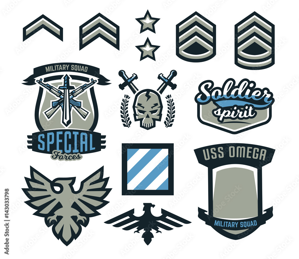 Set of military and military badges. Emblems, automatic weapons, skull ...