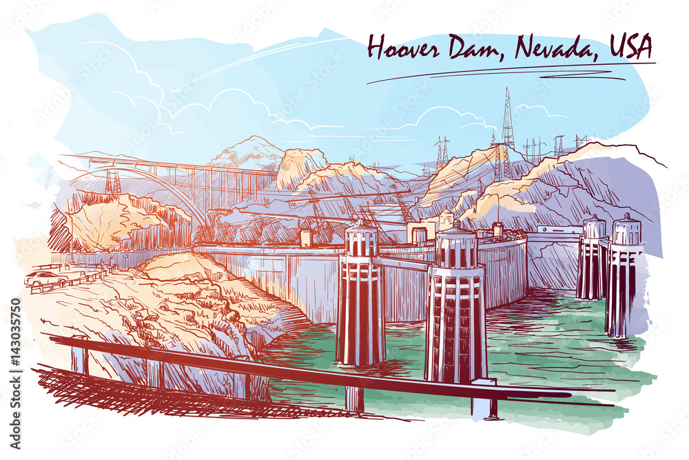 Hoover Dam stunning panoramic view Sketch drawn and painted digitally ...