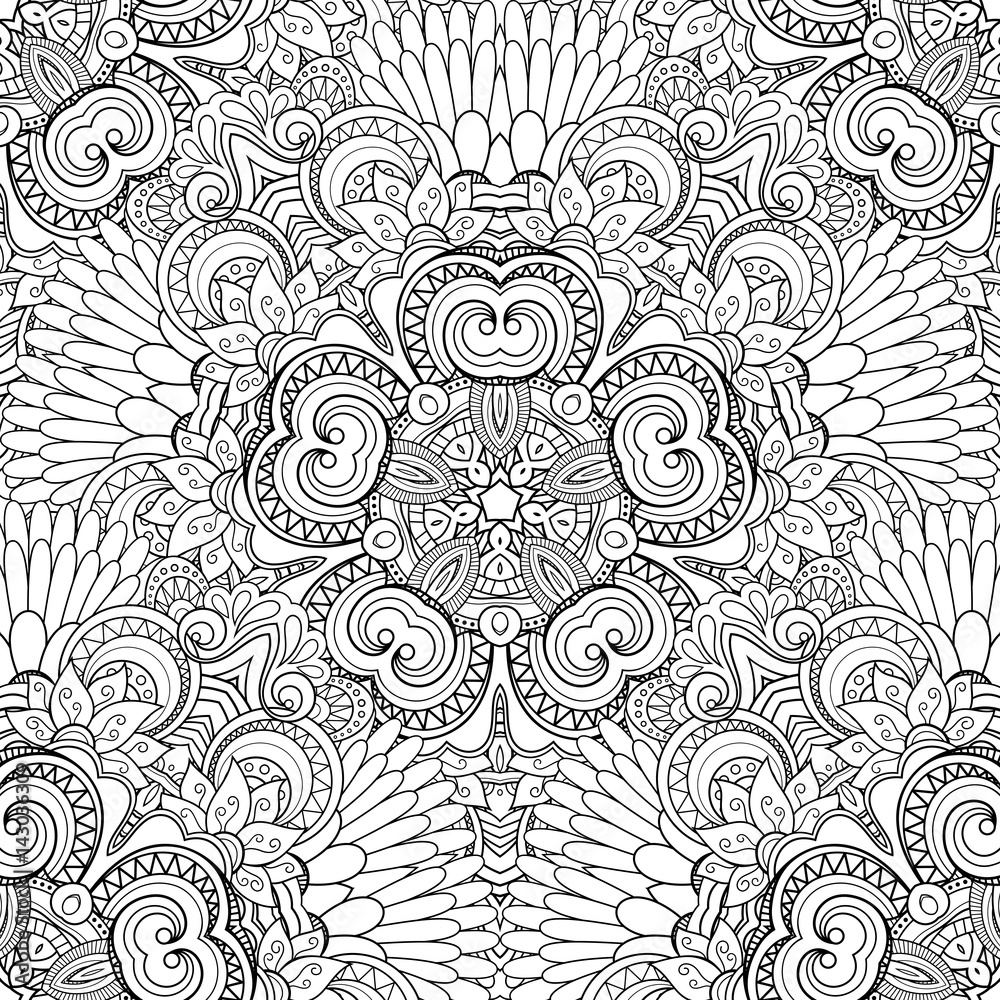 Vector Seamless Monochrome Pattern. Printable Coloring Pages. Hand ...