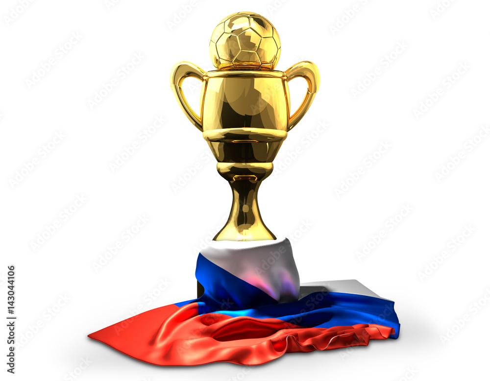 Golden football champion Cup. Front view with soccer football ball. 3D ...