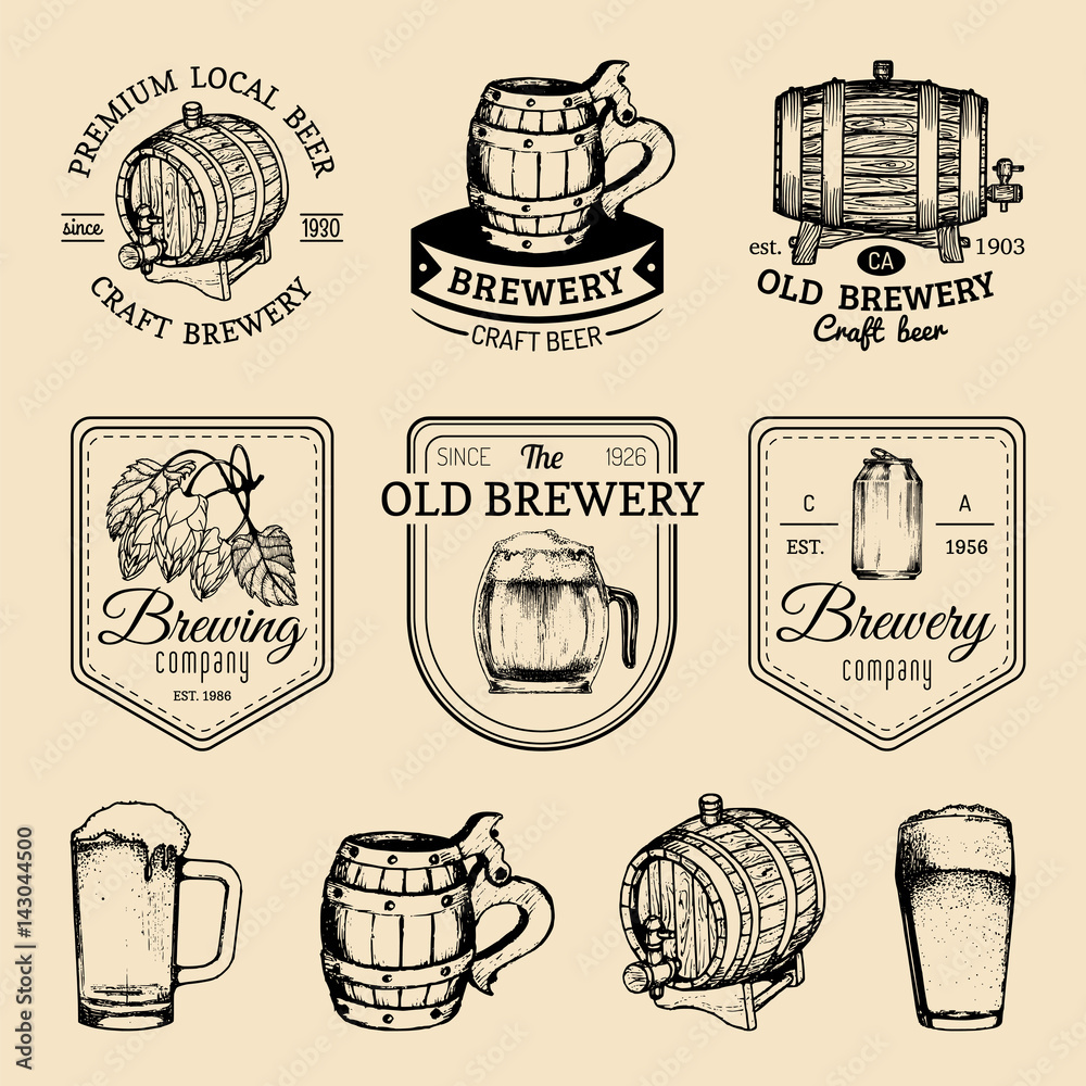 Old brewery logos set. Kraft beer retro signs or icons with hand ...
