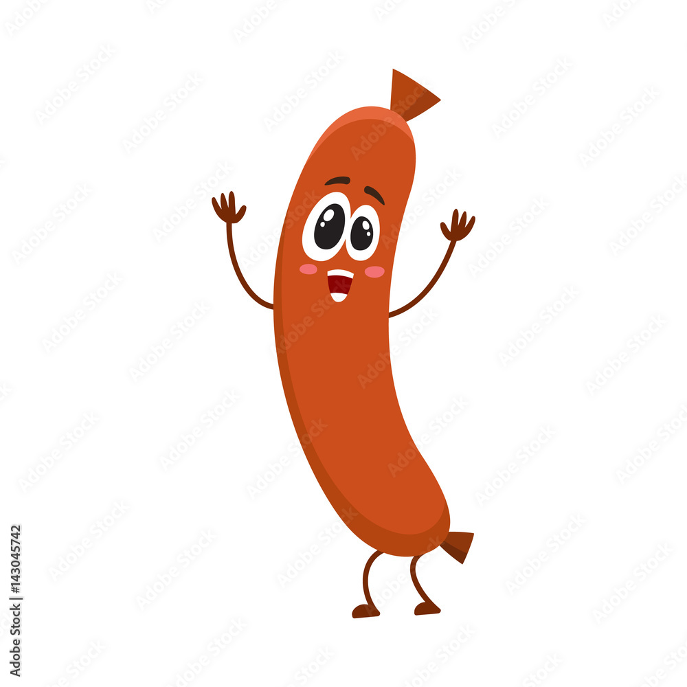 Cute and funny sausage character with human face showing awe, admiring ...