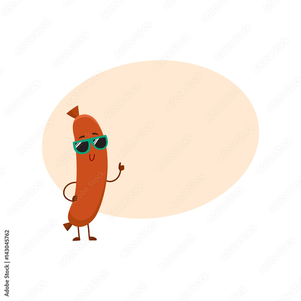 Cute and funny smiling sausage character in sunglasses showing thumb up ...
