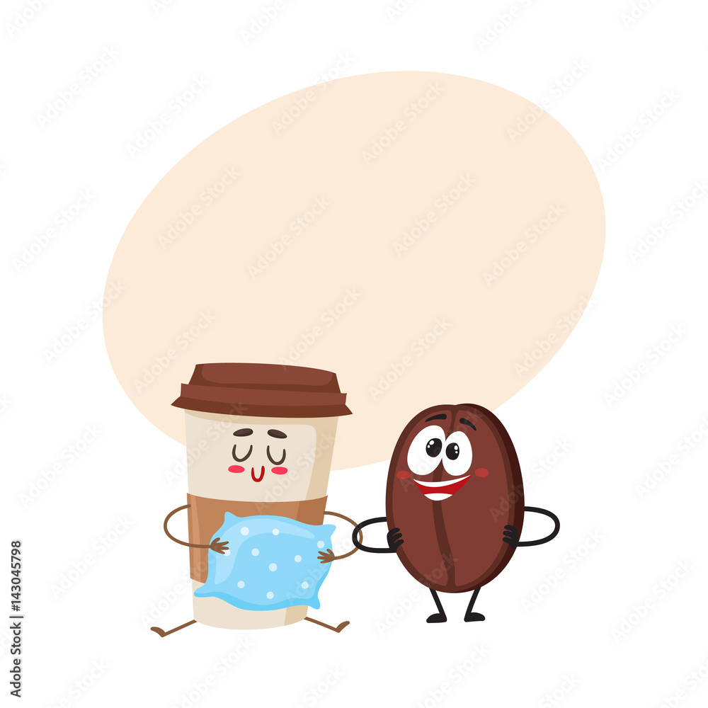Crazy coffee bean and sleepy paper cup characters, breakfast, morning ...