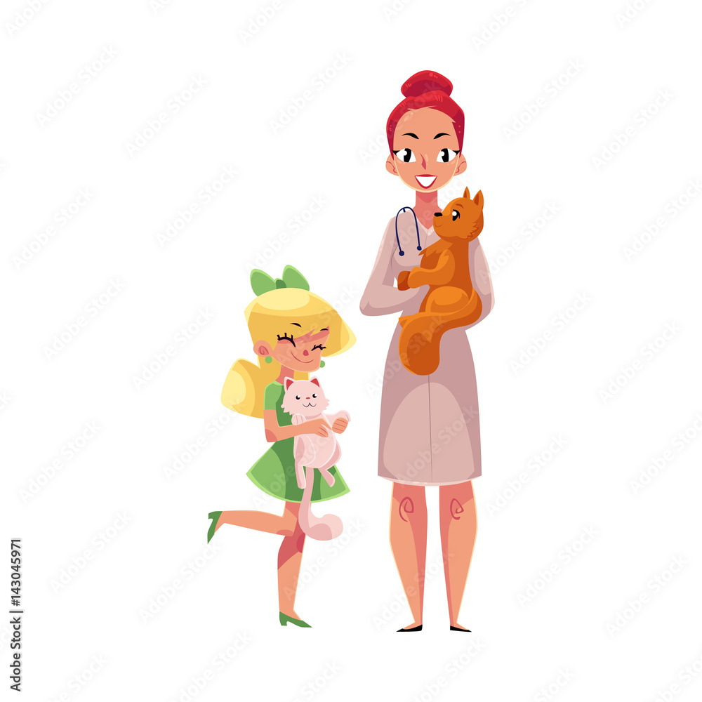 Woman, female veterinarian doctor, vet in white medical coat and little ...