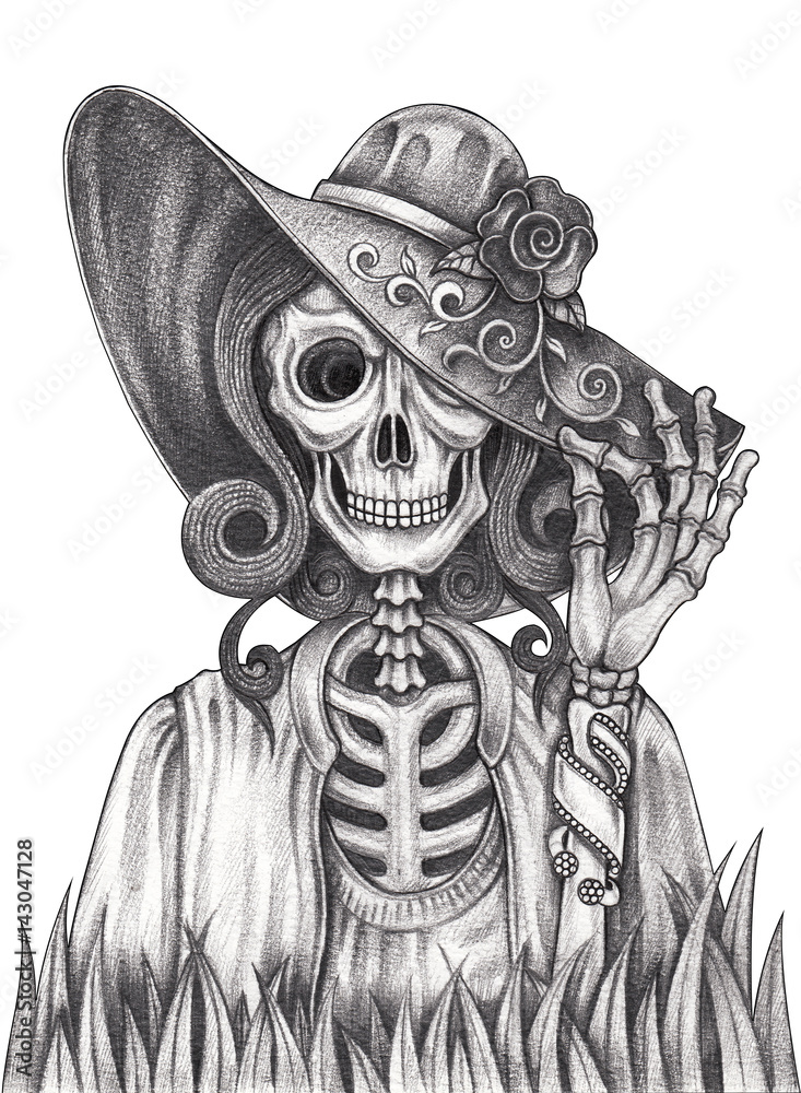 Art women skull day of the dead.Hand pencil drawing on paper. Stock ...