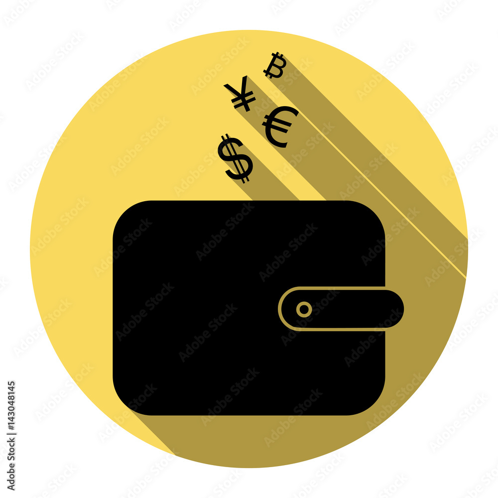 Wallet sign with currency symbols. Vector. Flat black icon with flat ...