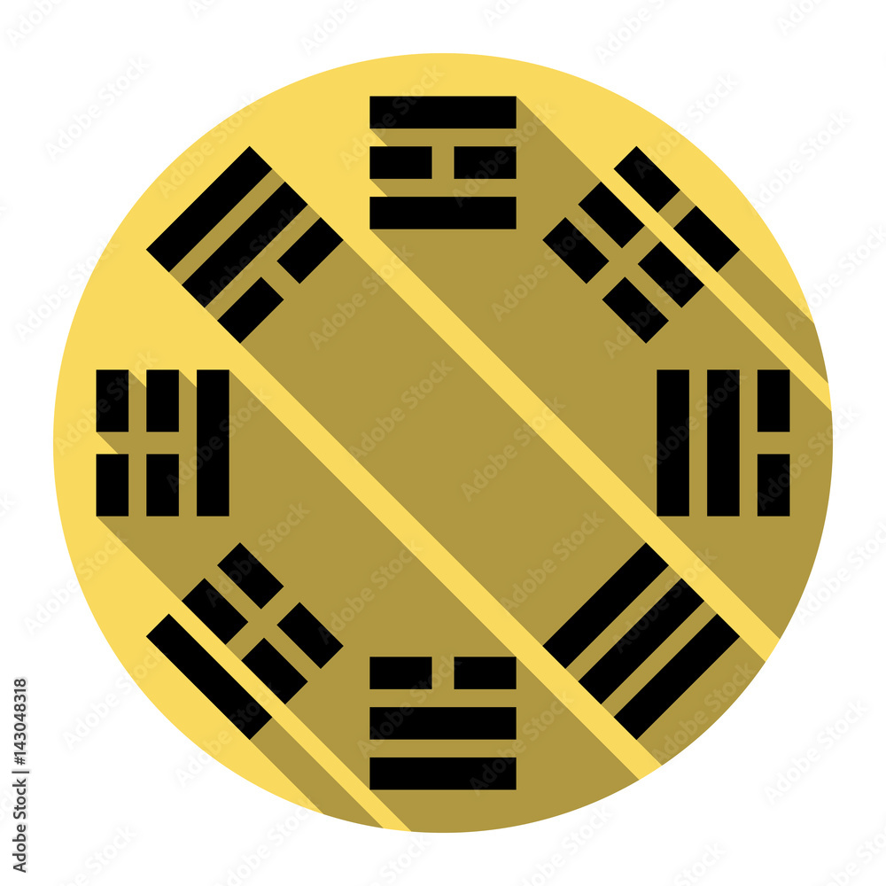 Bagua sign. Vector. Flat black icon with flat shadow on royal yellow ...