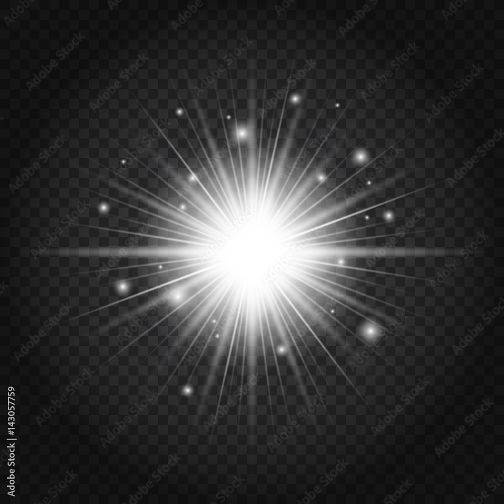 Vecteur Stock Sun with rays and glow on transparent black background ...