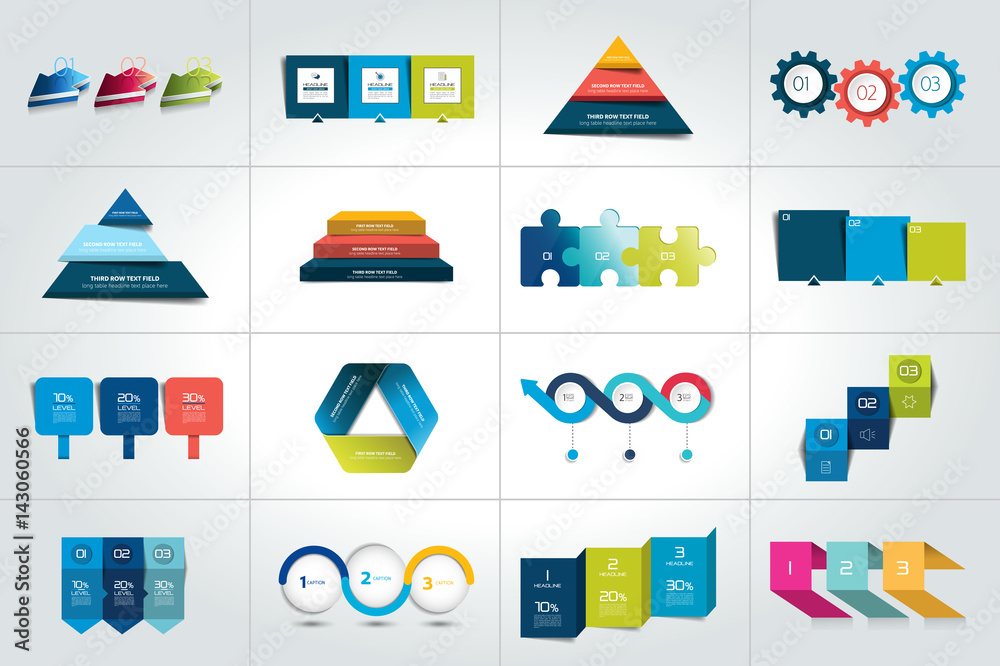 Mega set of 3 steps infographic templates, diagrams, graph ...