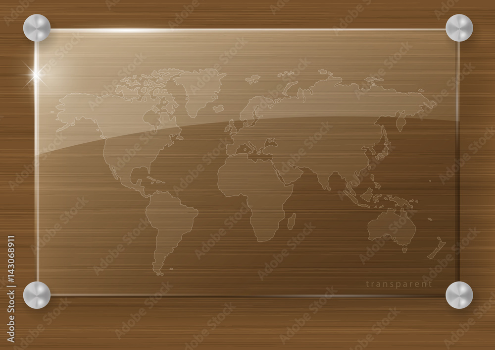 Transparent map of the world on a glass wall signboard. Vector graphics ...