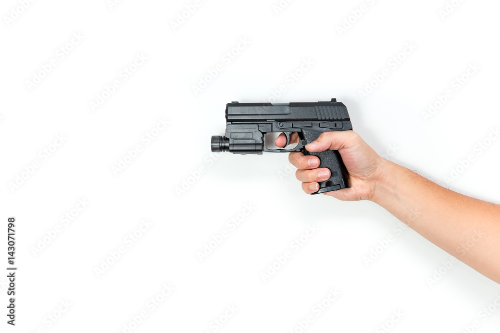 Male Hand Hold Pistol Gun or Automatic Handgun from side isolated on ...
