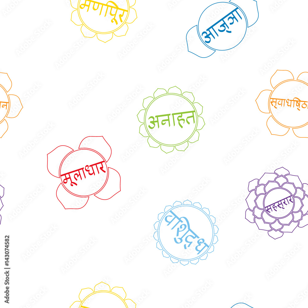 seamless pattern with signs and names of chakras in Sanskrit for your ...
