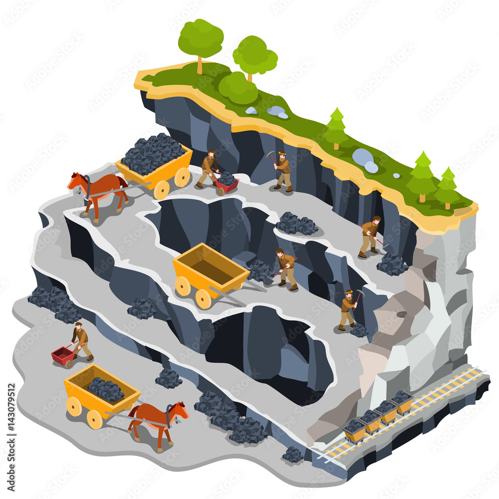 Vector 3D isometric illustration of a coal mine quarry with miners ...