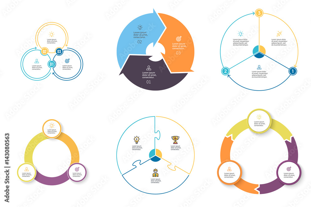 Business infographics. Diagrams with 3 steps, options. Vector pie ...