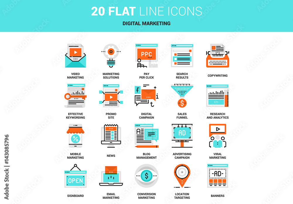 20 Line Art Marketing and Advertising Icons 2 Stock Template | Adobe Stock